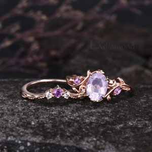 Oval Cut Natural Lavender Amethyst Engagement Ring Set February Birthstone Amethyst Moon Ring ...