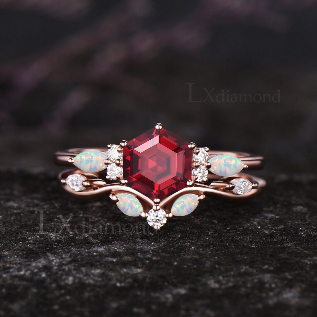Vintage Hexagon Cut Ruby Engagement Ring Set Unique Opal Wedding Band ...