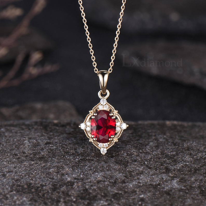 Milgrain Oval Cut Ruby Necklace Vintage Moissanite Pendant Dainty 925 ...
