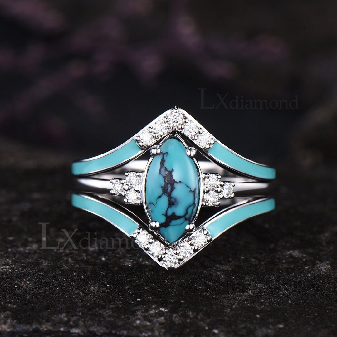 Marquise Cut Turquoise Engagement Ring Set Round Moissanite Enamel Drop ...