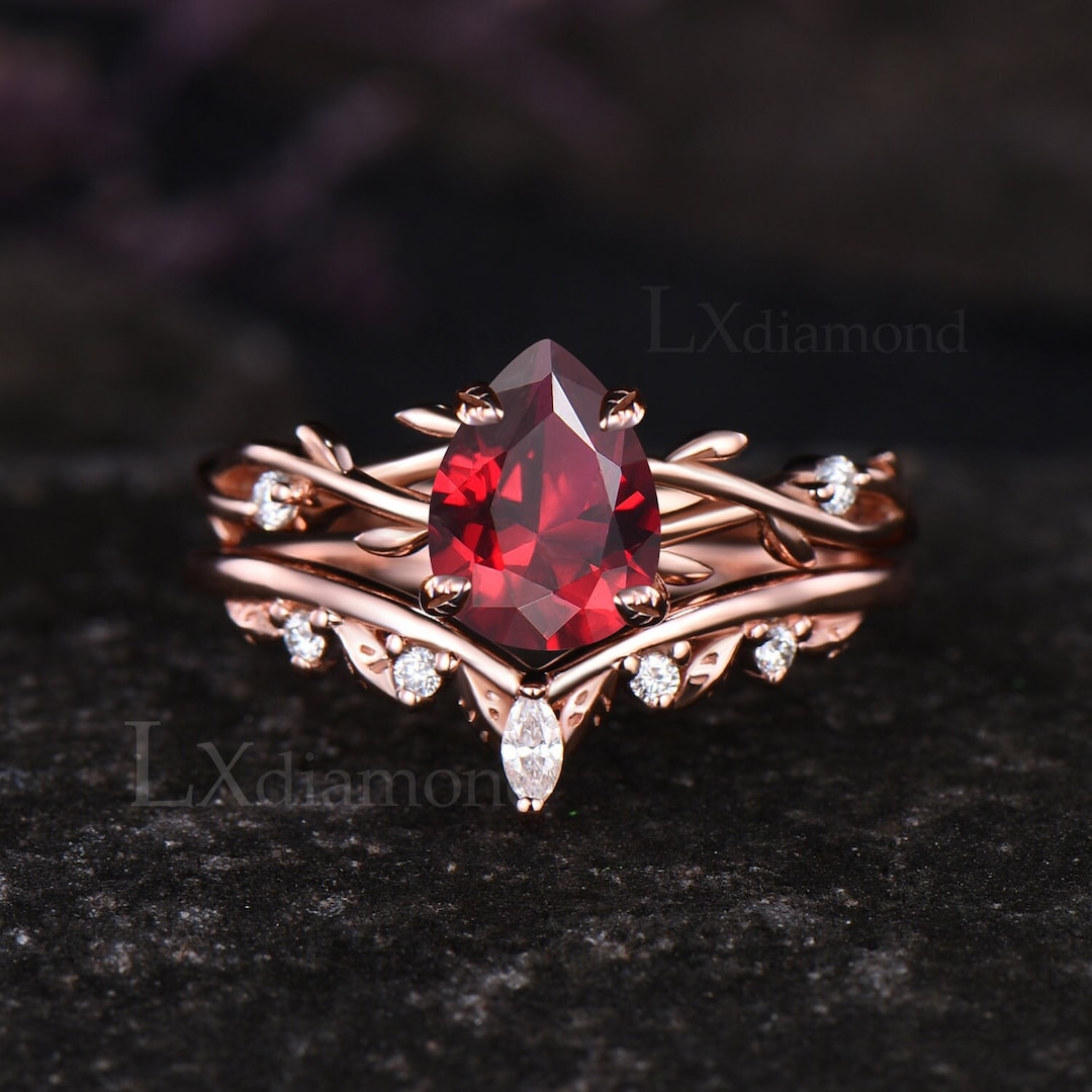 Vintage Pear Cut Ruby Engagement Ring Set Unique Leaf Floral Vine Twig ...
