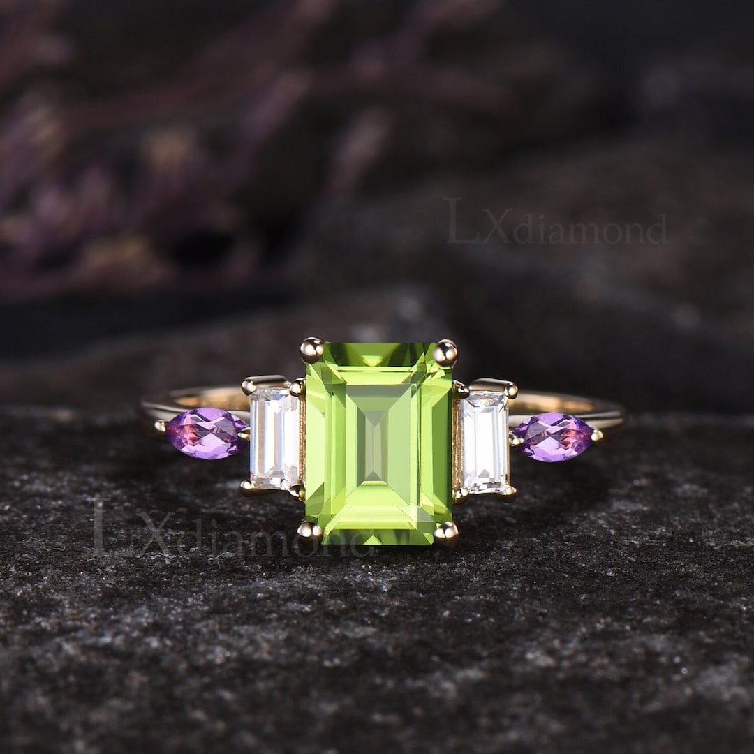 Unique Emerald Cut Peridot Engagement Ring Vintage Marquise Amethyst ...