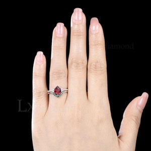 Teardrop Ruby Engagement Ring Set Unique Emerald Contour Wedding Band ...