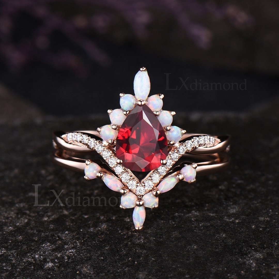 Teardrop Ruby Engagement Ring Set Vintage July Birthstone Moissanite ...