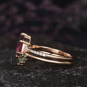 Teardrop Ruby Engagement Ring Set Unique Emerald Contour Wedding Band ...