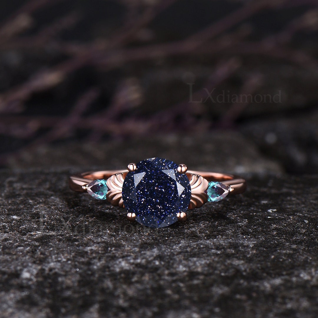 Round Cut Galaxy Blue Sandstone Wedding Ring Unique Pear Alexandrite ...