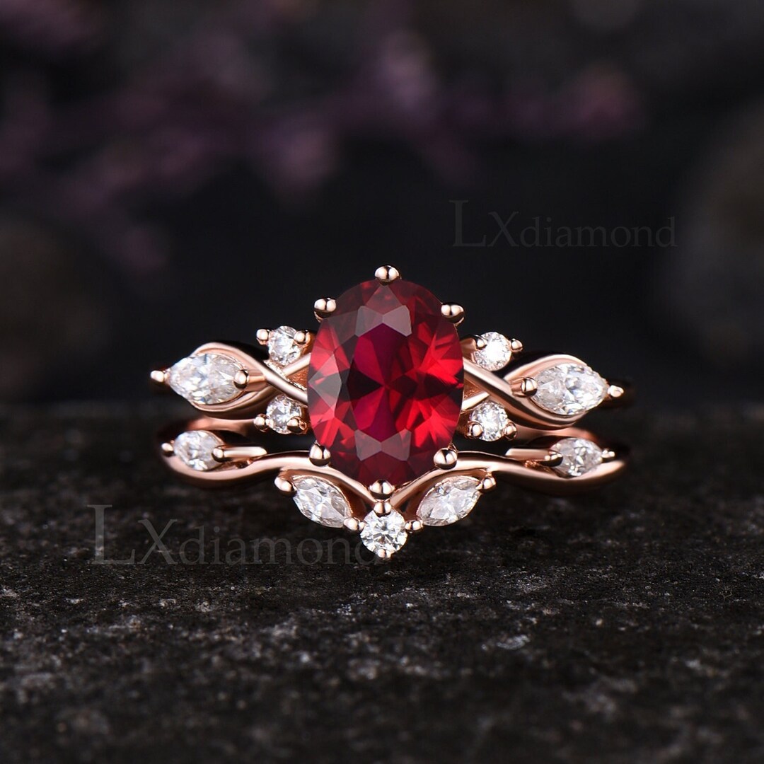 Vintage Oval Cut Ruby Engagement Ring Set Unique July Birthstone Ruby ...