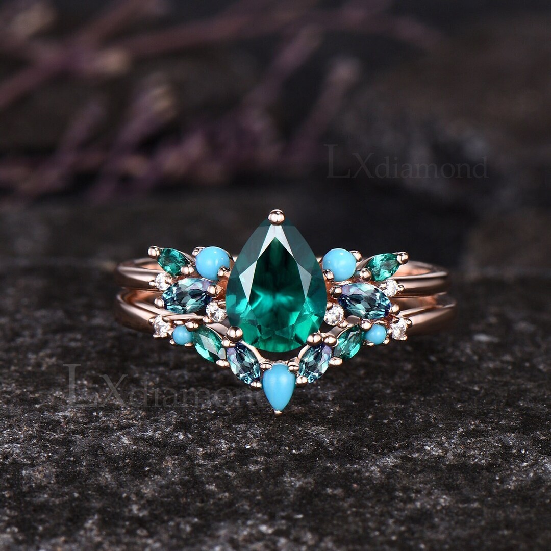 Vintage Teardrop Emerald Engagement Ring Set 14k Rose Gold Etsy
