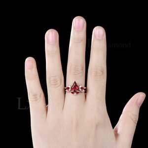 Kite Cut Ruby Engagement Ring Set Vintage Red Gemstone July Birthstone ...