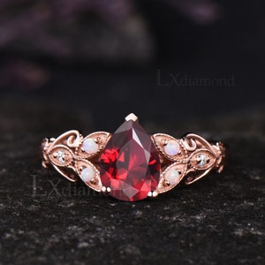 Milgrain Teardrop Ruby Engagement Ring Set Unique Vintage White Opal ...