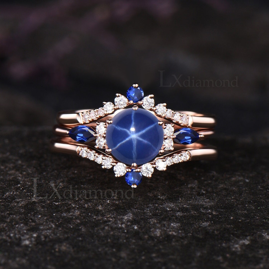 Round Cut Blue Star Sapphire Engagement Ring Set Unique 14k Rose Gold ...