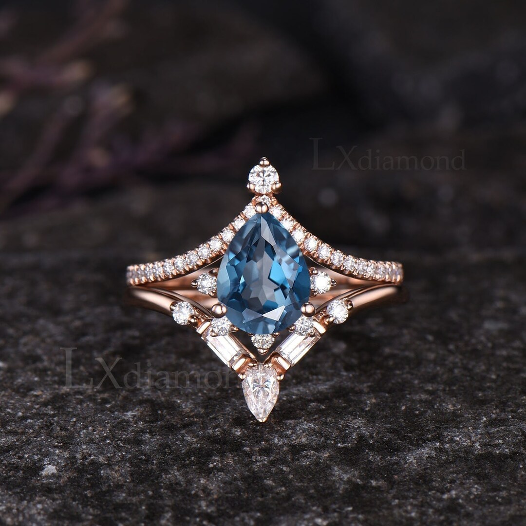 Unique Pear Cut Natural London Blue Topaz Engagement Ring Set Dainty ...
