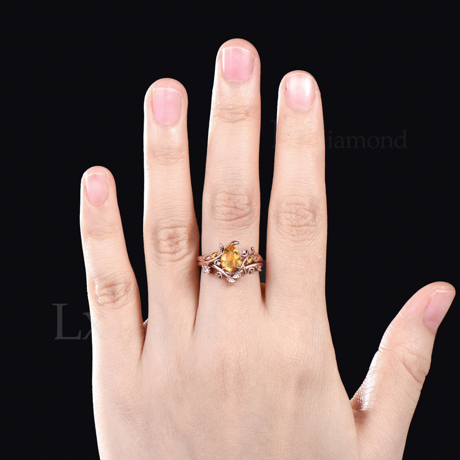 Dainty Pear Cut Natural Citrine Engagement Ring Set Unique Leaf Nature ...