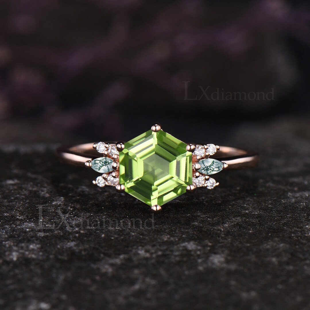 Unique Hexagon Cut Natural Peridot Engagement Wedding Ring Vintage ...