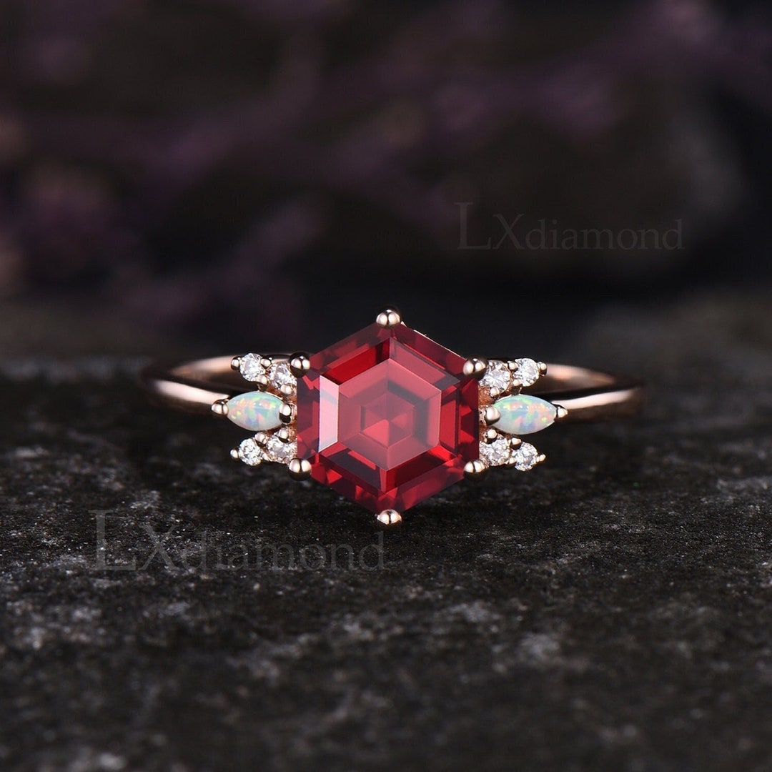 Unique Hexagon Cut Ruby Engagement Ring Vintage July Birthstone Red ...