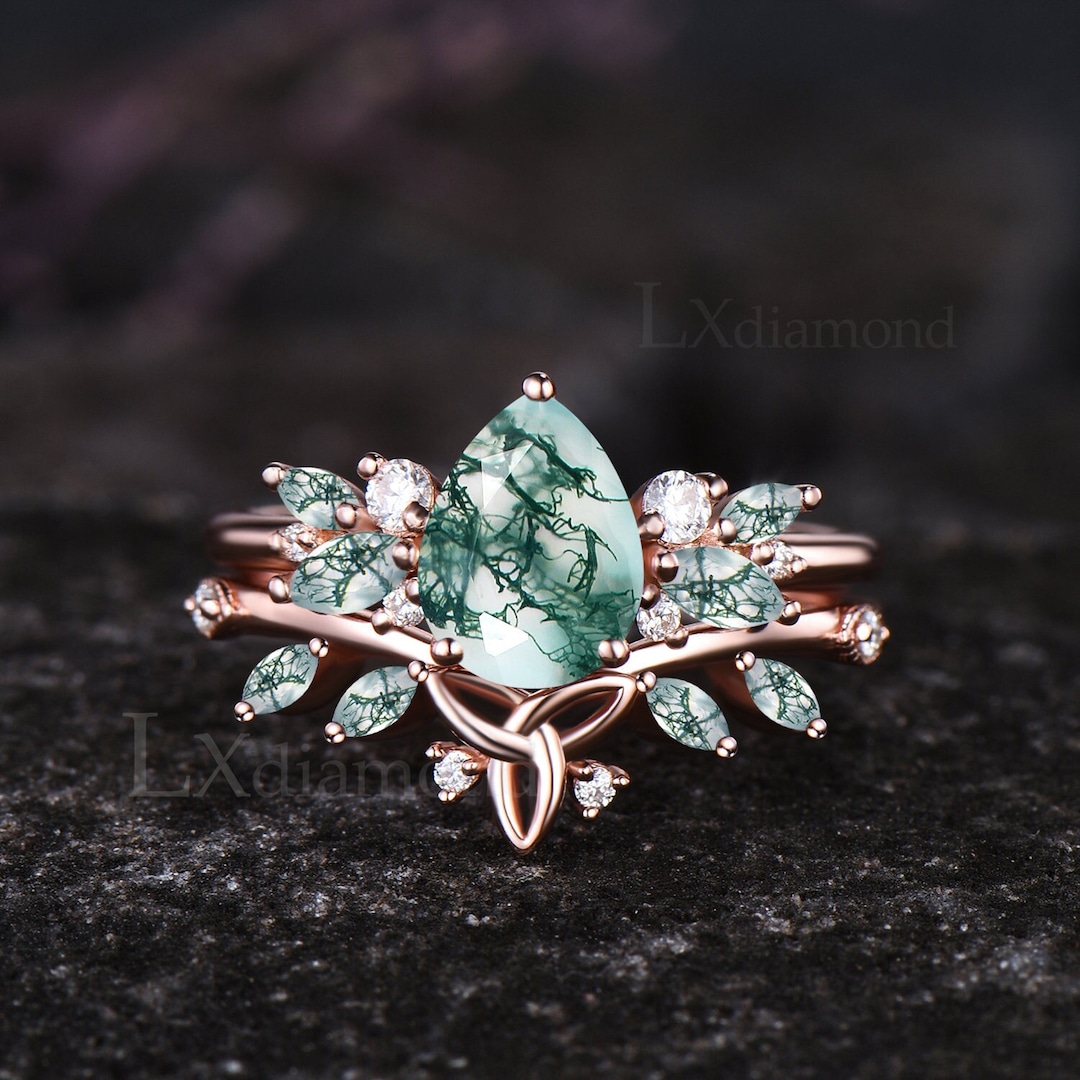 Art Deco Pear Cut Natural Green Moss Agate Engagement Ring Set Unique ...