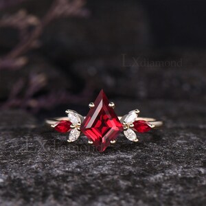 Kite Cut Ruby Engagement Ring Set Vintage Red Gemstone July Birthstone ...