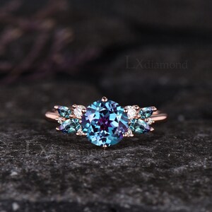 Art Deco Round Cut Alexandrite Engagement Ring Set Unique Leaf Nature ...
