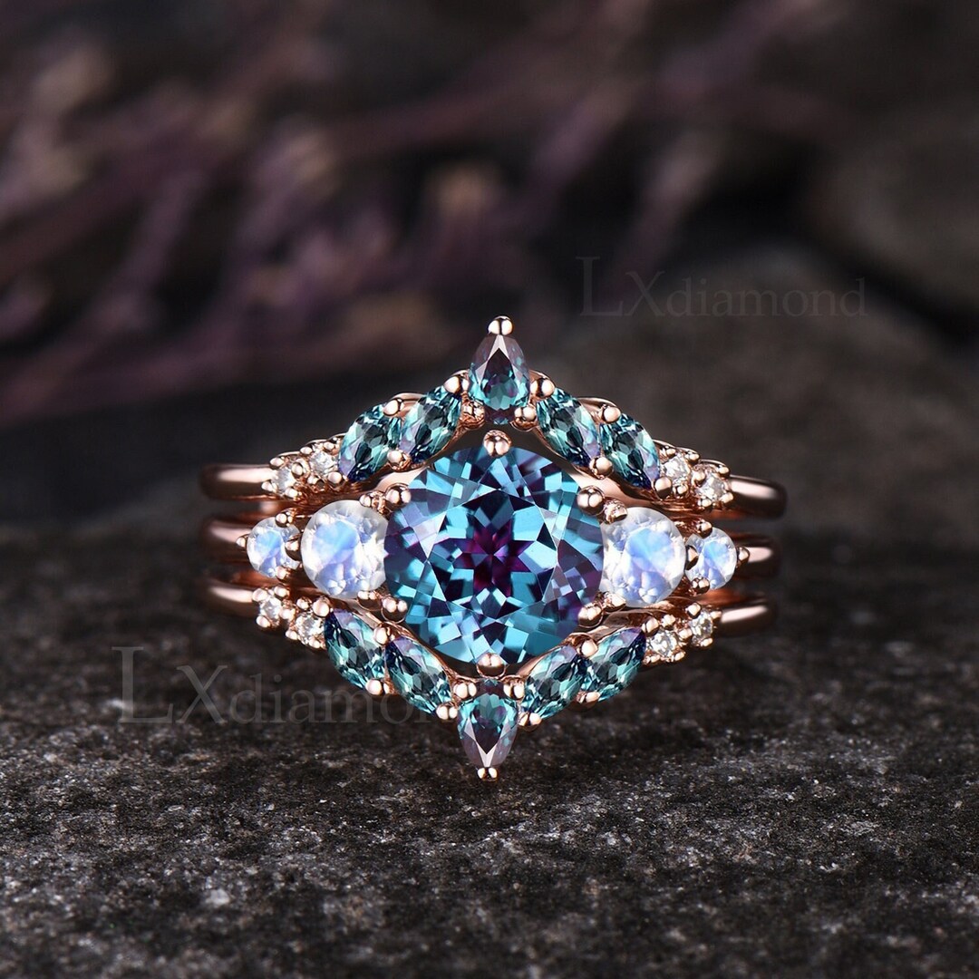 Unique June Birthstone Round Cut Alexandrite Engagement Ring Set ...