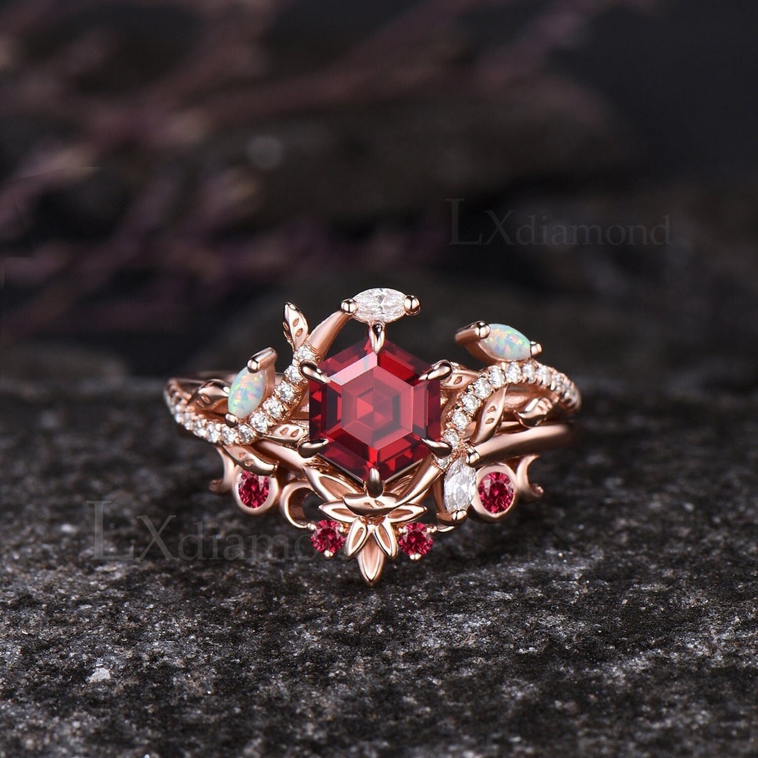 Vintage Hexagon Cut Ruby Engagement Ring Set Unique Opal Leaf Nature ...