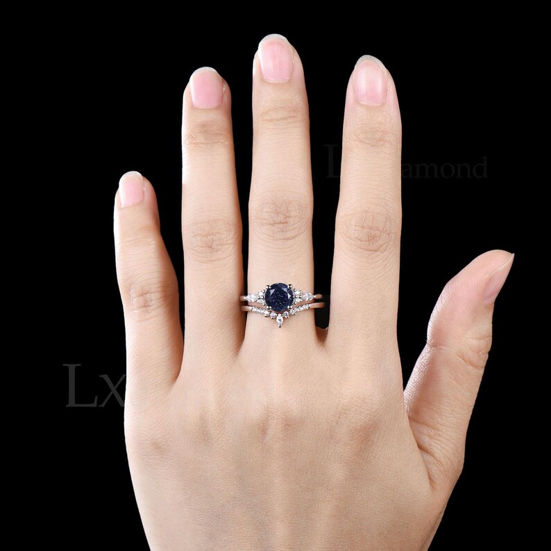 Round Blue Sandstone Ring Set Blue Sandstone Engagement Ring Set ...