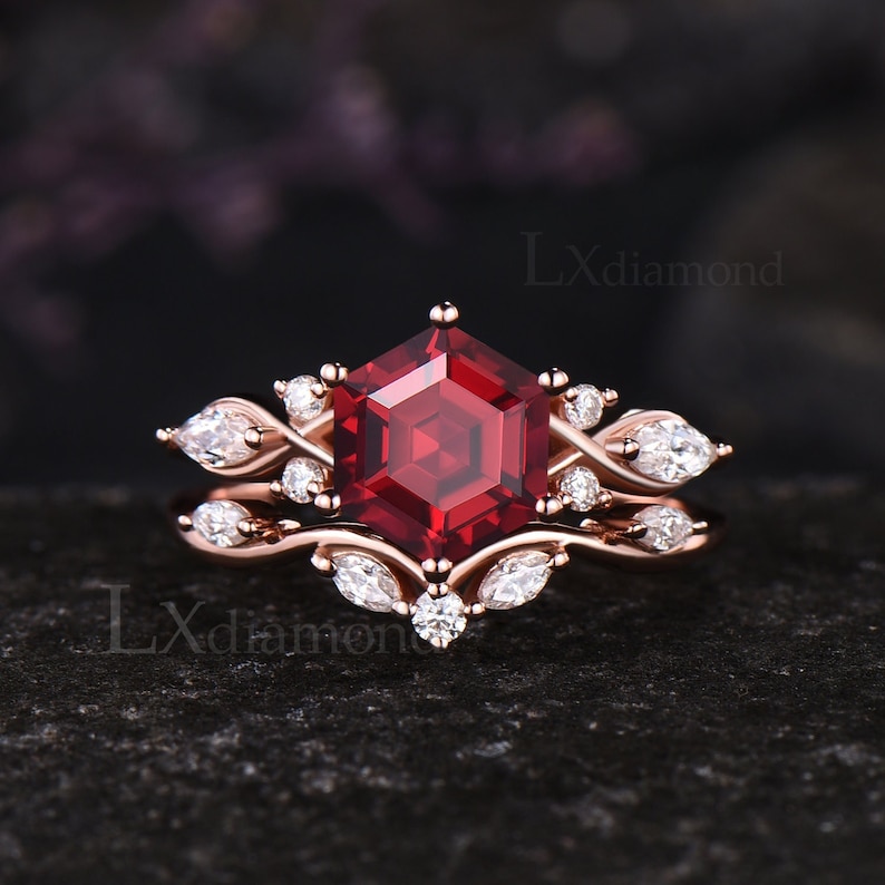 Antique Hexagon Cut Ruby Engagement Ring Set Vintage July Birthstone ...