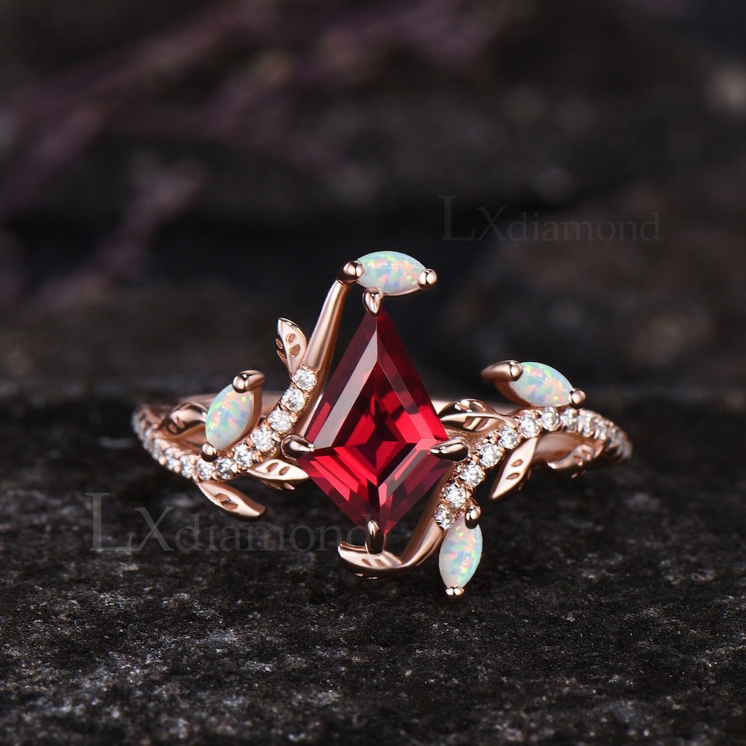 Unique Kite Cut Ruby Engagement Ring Vintage Moissanite Diamond Opal ...