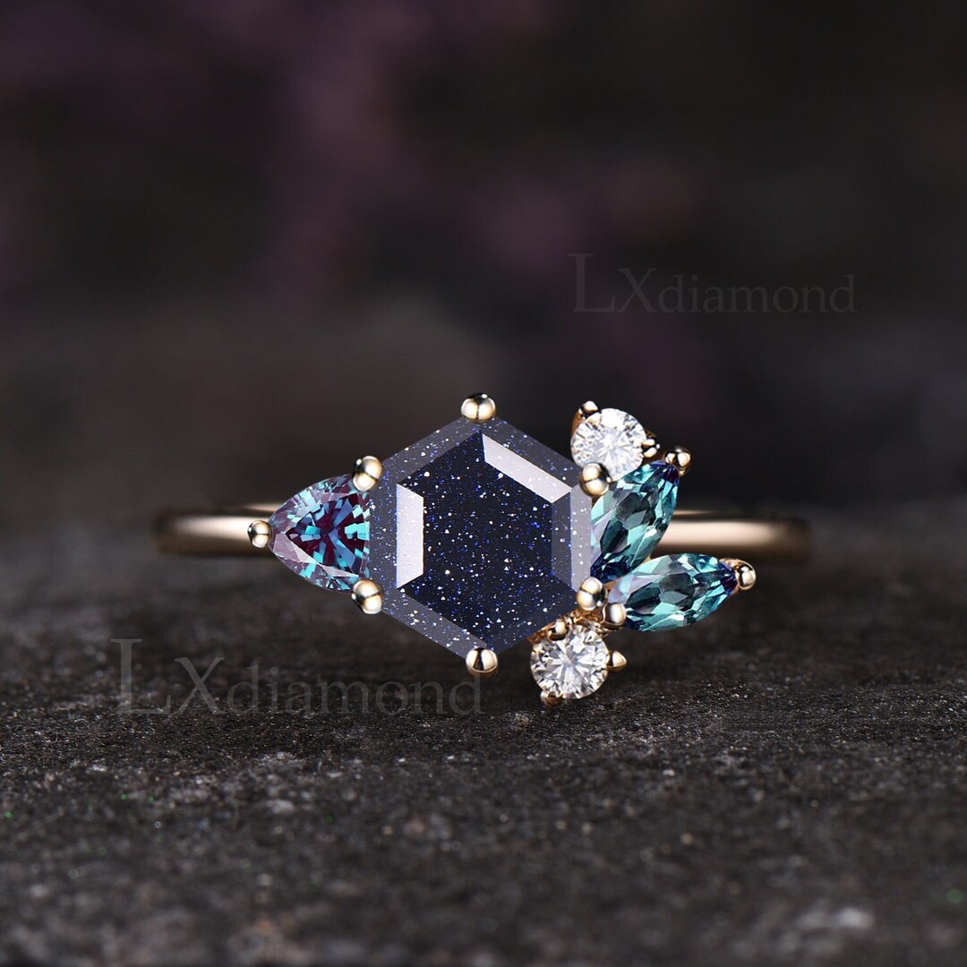 Galaxy Hexagon Cut Blue Sandstone Engagement Ring Unique June ...