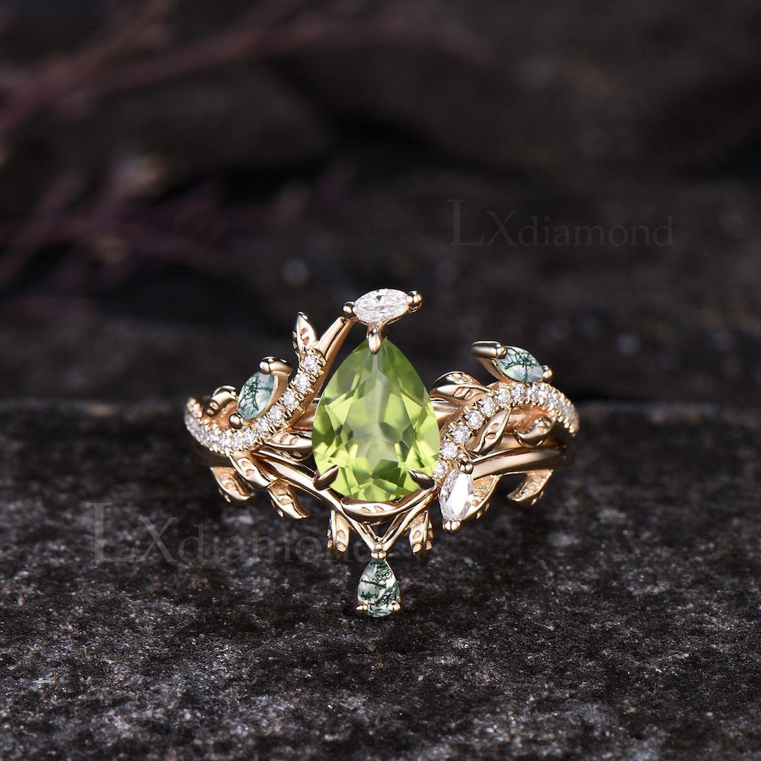 Unique Pear Cut Natural Peridot Engagement Ring Set Art Deco 14k Yellow ...