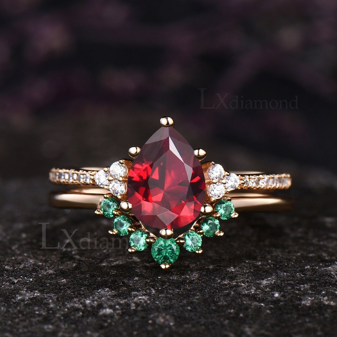 Teardrop Ruby Engagement Ring Set Unique Emerald Contour Wedding Band ...