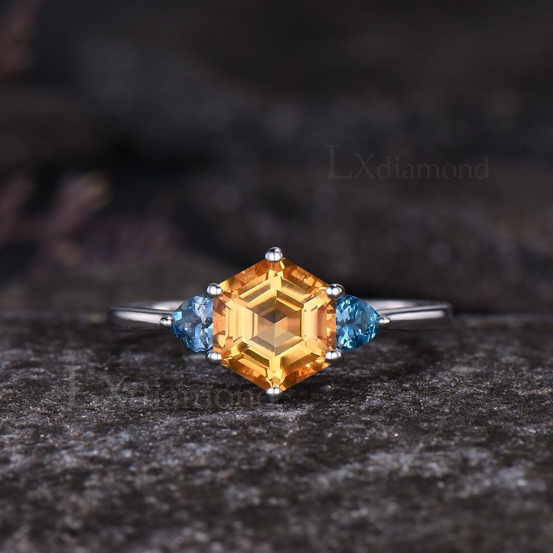 Unique Hexagon Cut Natural Citrine Engagement Ring Vintage Natural ...