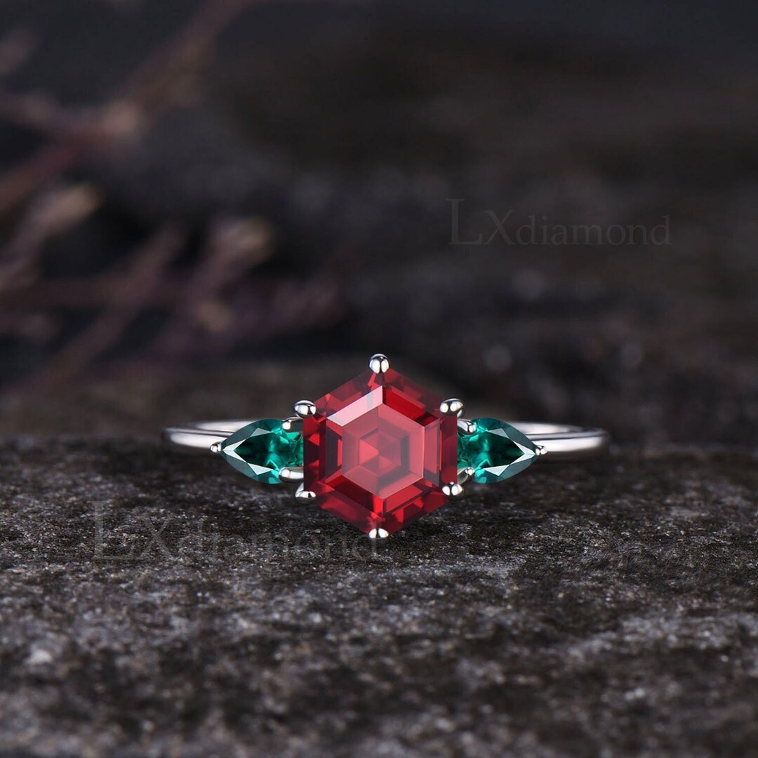 Vintage Hexagon Cut Ruby Engagement Ring Delicate Pear Cut Emerald Ring ...