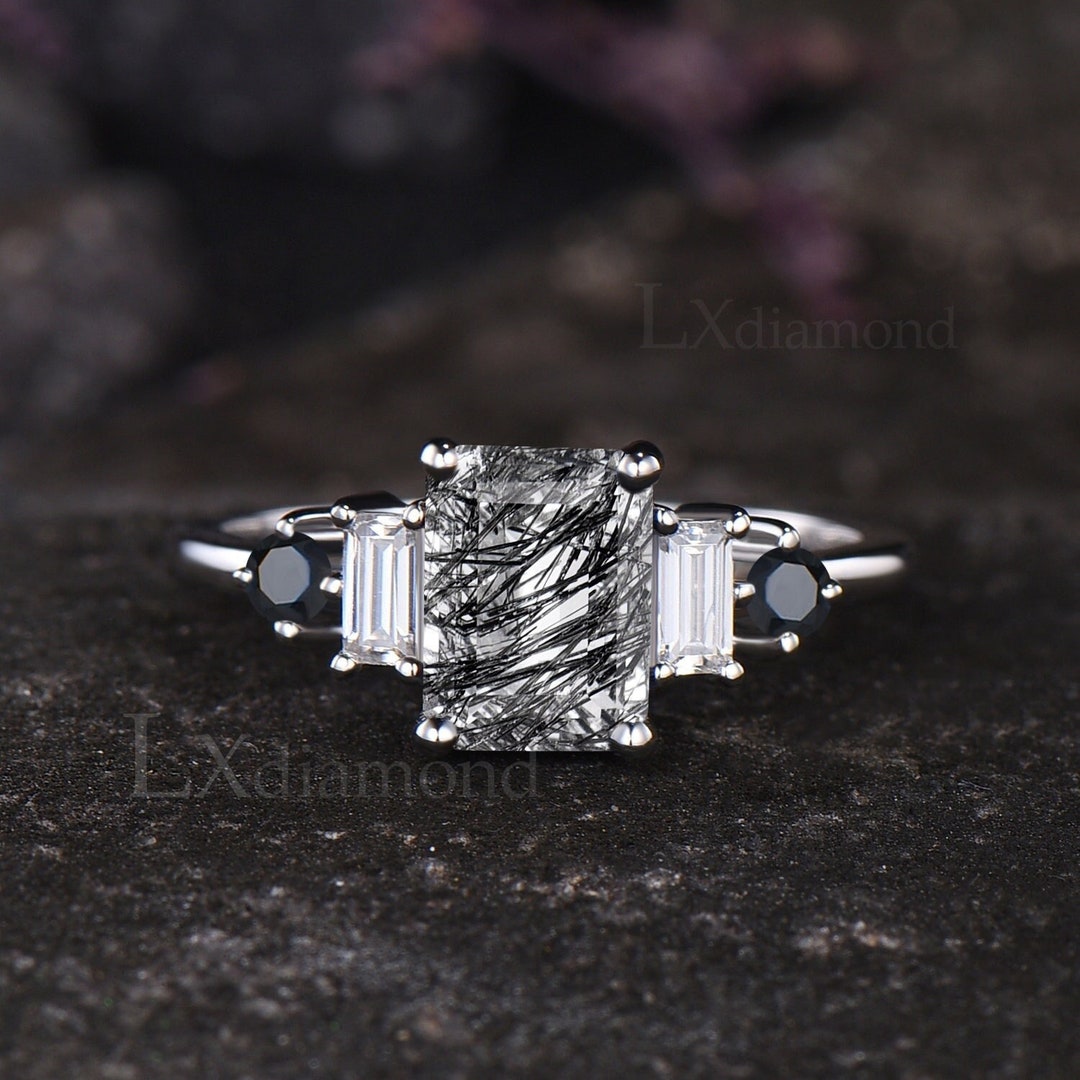 Unique Emerald Cut Black Rutilated Quartz Engagement Ring Vintage ...