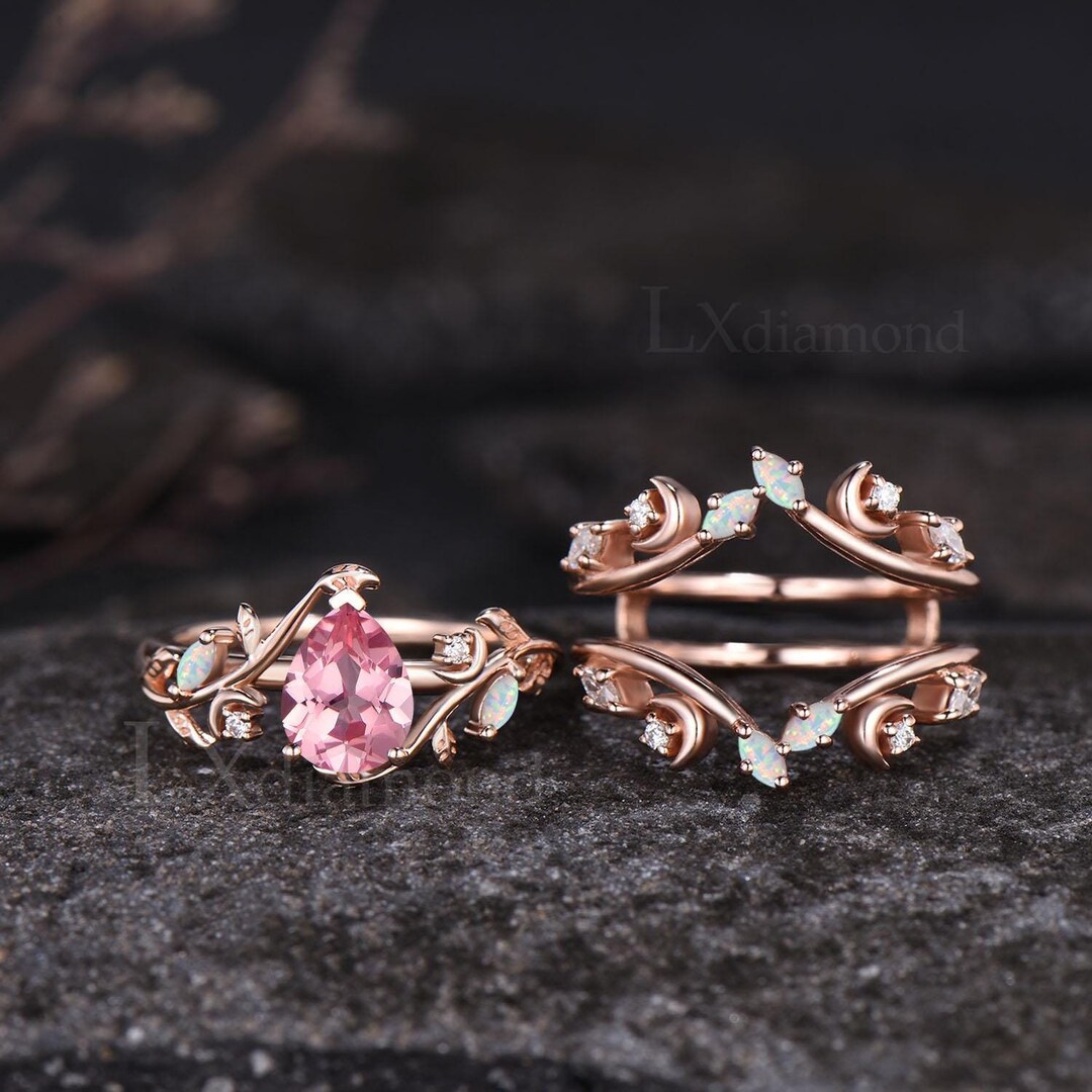 Pear Cut Papalacha Sapphire Engagement Ring Set Unique Leaf Nature ...