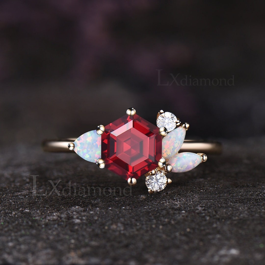 Vintage Hexagon Cut Ruby Engagement Ring Antique Moissanite Opal ...
