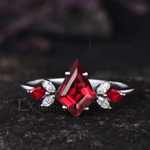 Kite Cut Ruby Engagement Ring Set Vintage Red Gemstone July Birthstone ...
