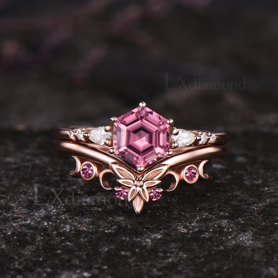 Hexagon Natural Pink Tourmaline Engagement Ring Set 14k Rose Gold ...