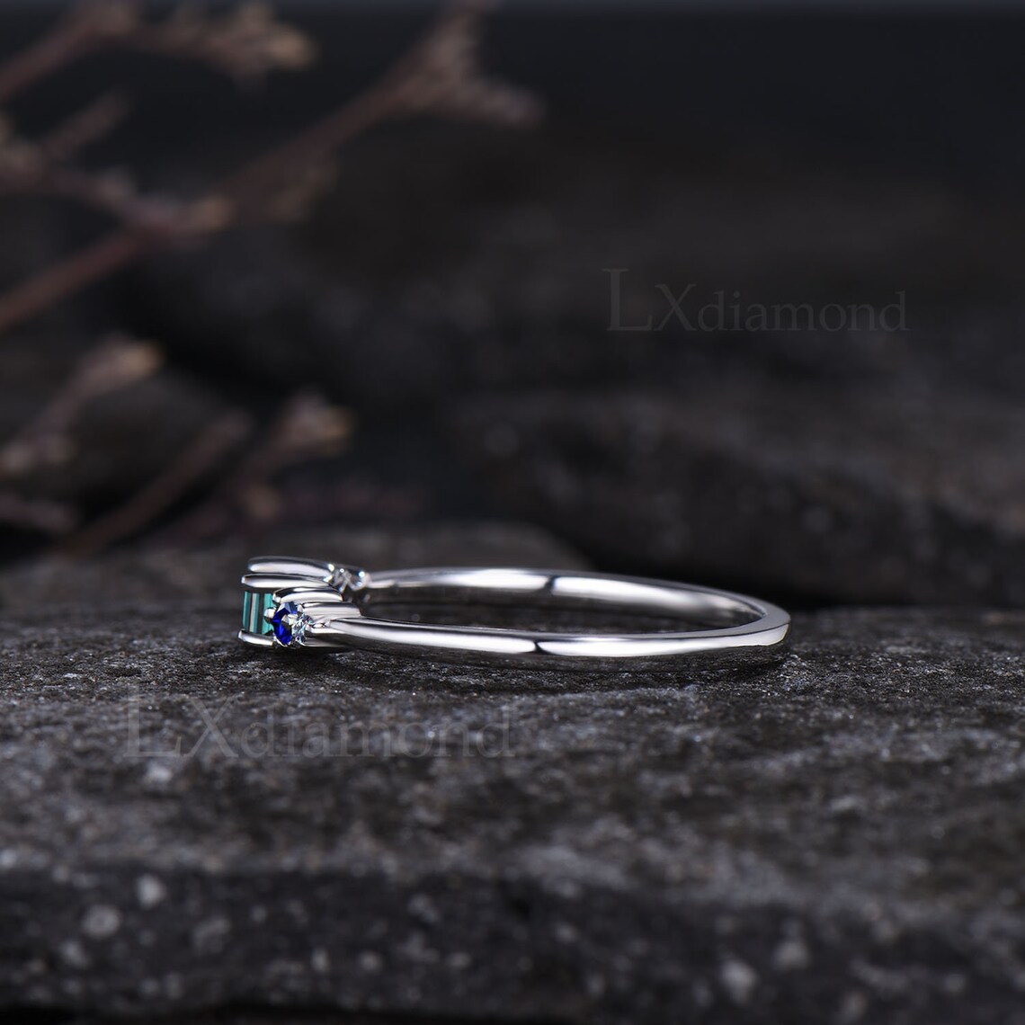 Delicate Baguette Cut Alexandrite Wedding Band Dainty Princess Blue ...