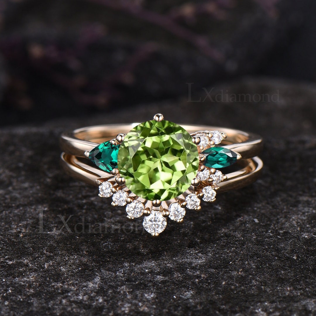 Round Cut August Birthstone Natural Peridot Engagement Ring Set May ...