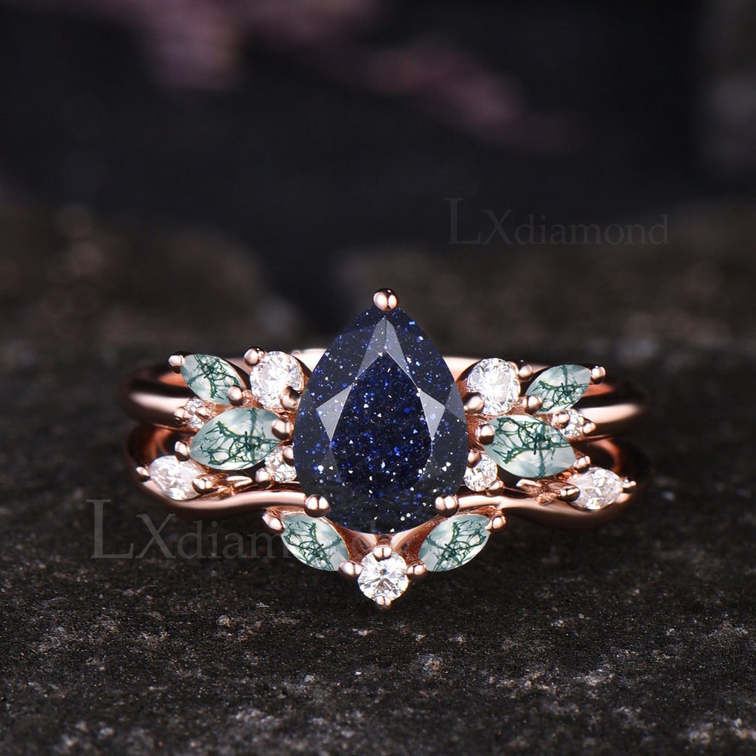 Galaxy Teardrop Blue Sandstone Engagement Ring Set Unique Moss Agate ...