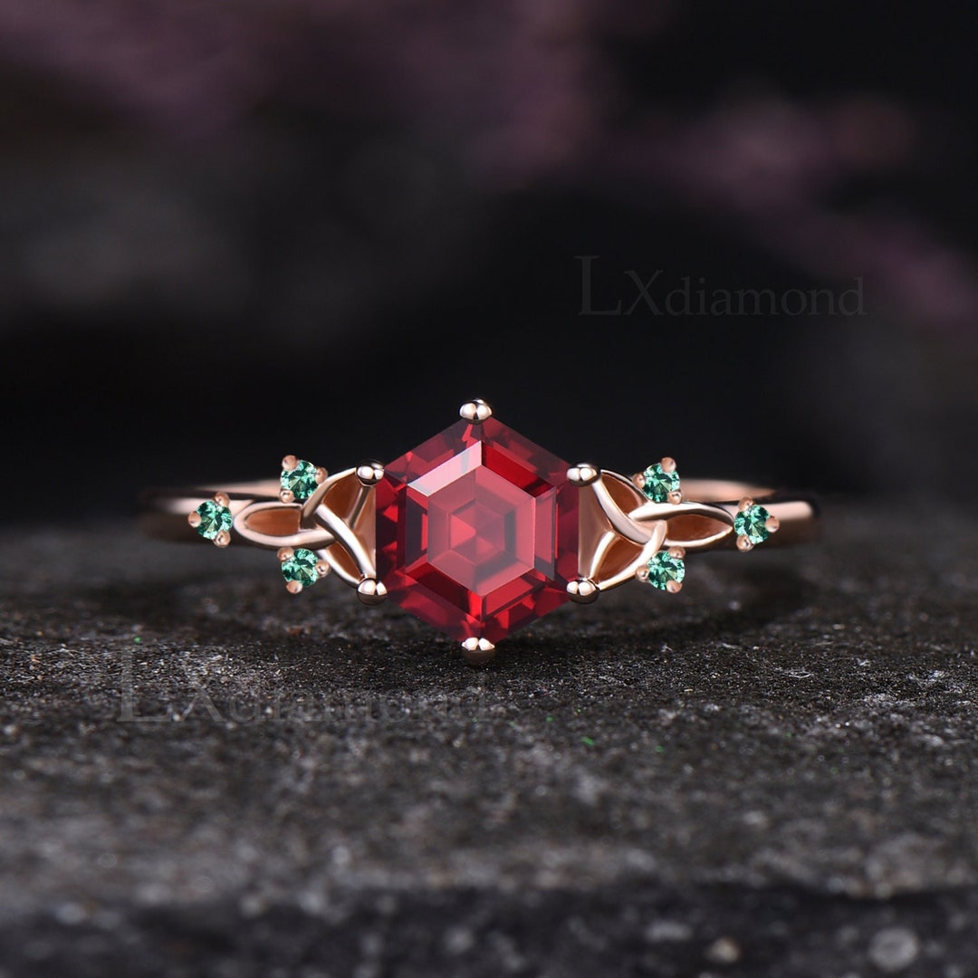Unique Hexagon Cut Ruby Engagement Ring Vintage Round Emerald Celtic ...