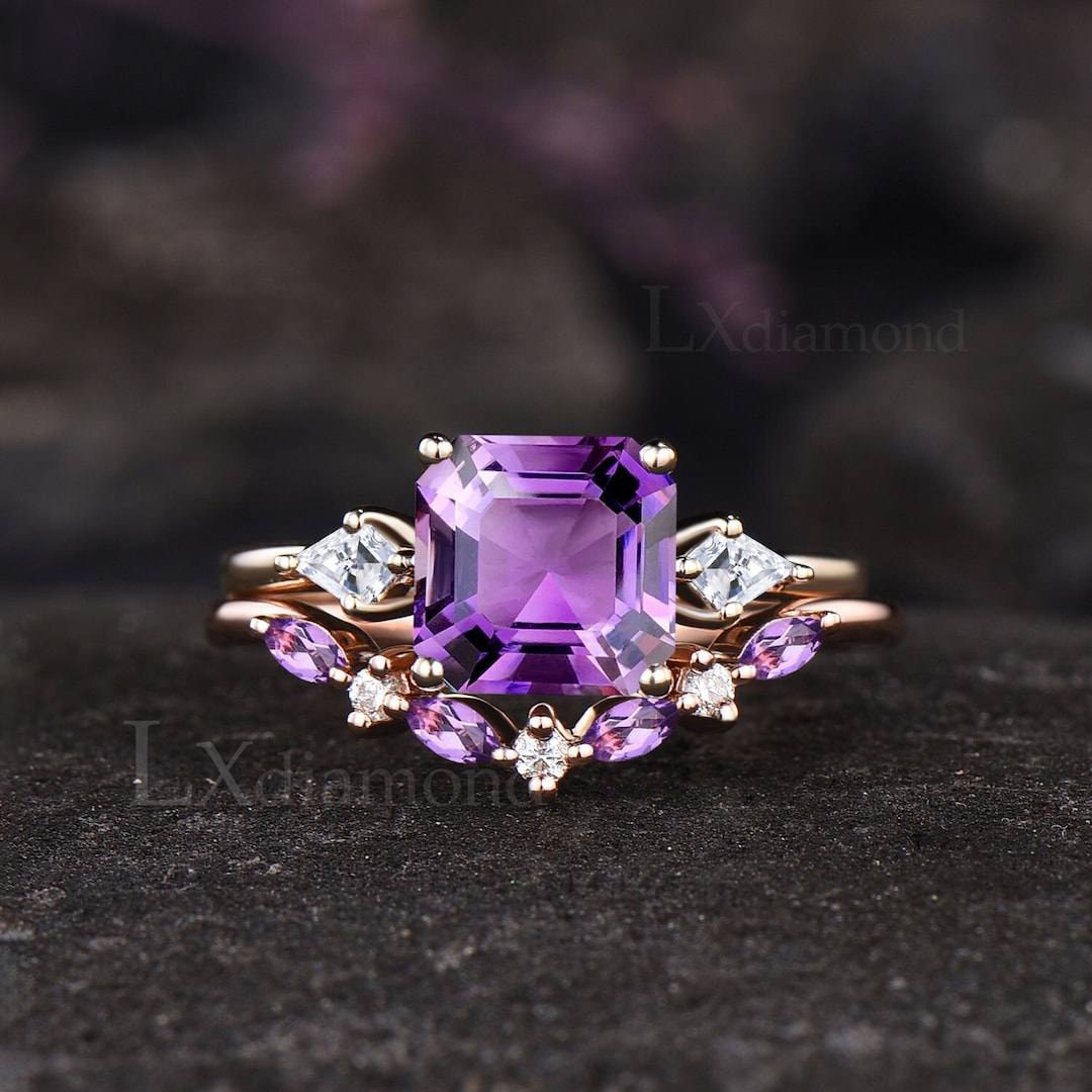 Unique Asscher Cut Natural Amethyst Engagement Ring Set Vintage ...