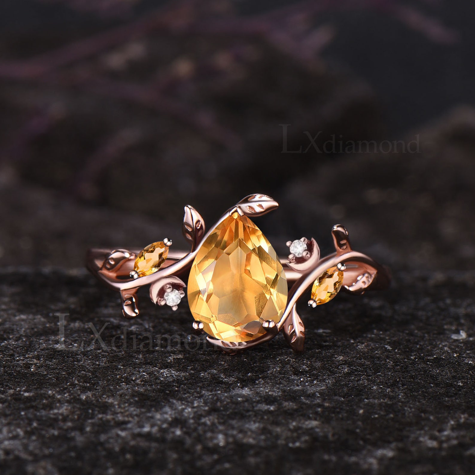 Dainty Pear Cut Natural Citrine Engagement Ring Set Unique Leaf Nature ...