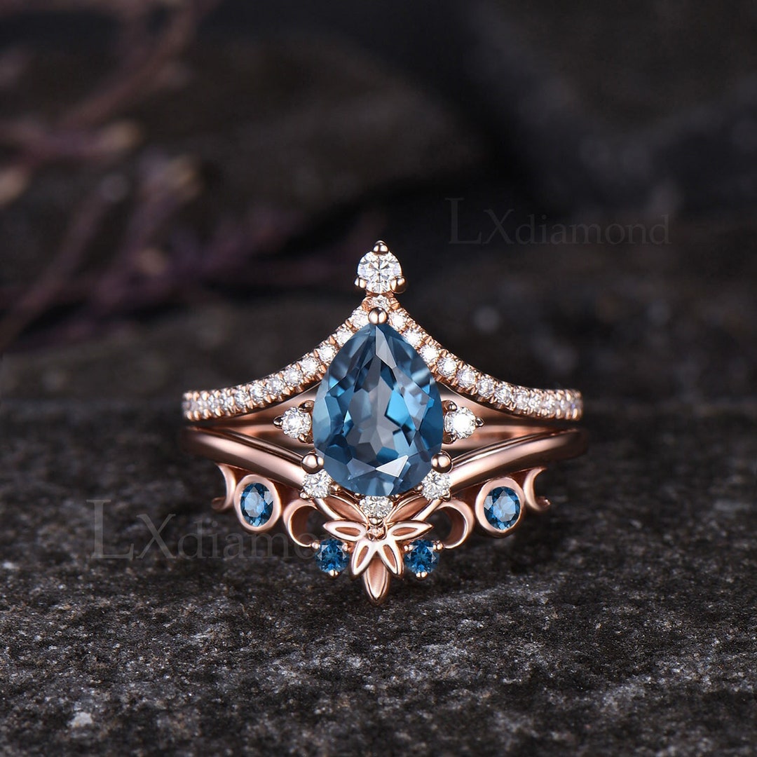 Unique Pear Cut Natural London Blue Topaz Engagement Ring Set Vintage ...
