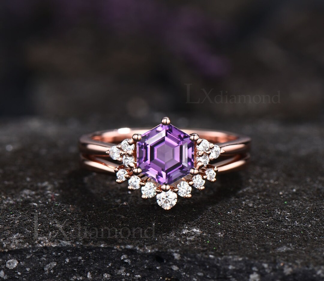 Hexagon Cut Amethyst Ring Set Vintage Unique Purple Amethyst Engagement ...