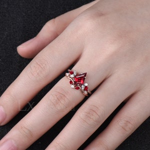 Kite Cut Ruby Engagement Ring Set Vintage Red Gemstone July Birthstone ...