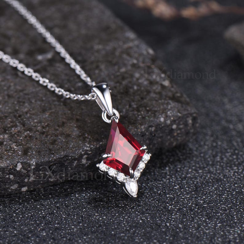 Delicate Kite Cut Ruby Necklace Art Deco 14k White Gold July Birthstone ...