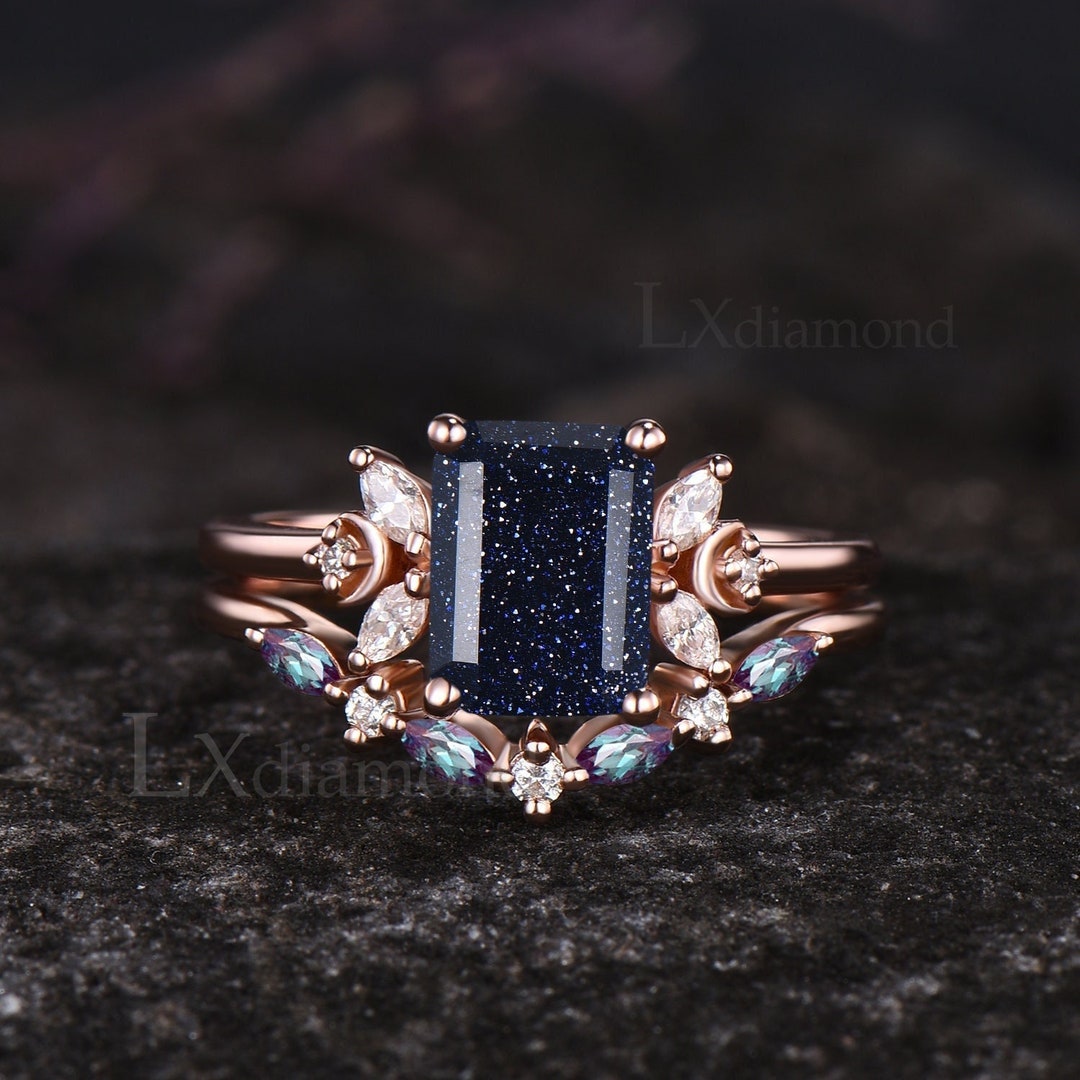 Galaxy Emerald Cut Blue Sandstone Engagement Ring Set Art Deco Marquise ...