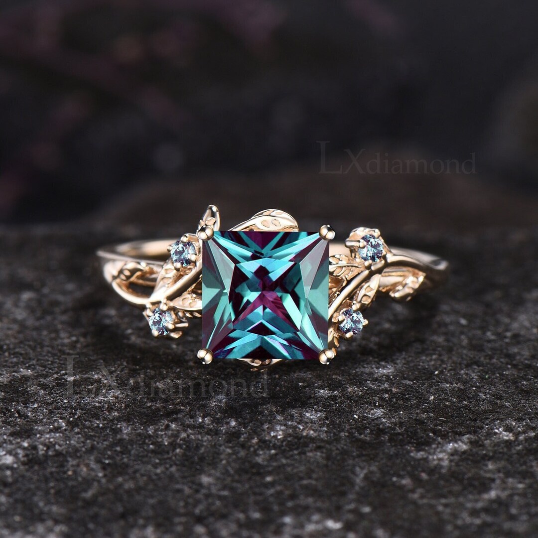 Art Deco Princess Cut Alexandrite Engagement Ring Leaf Vine Twig Branch ...