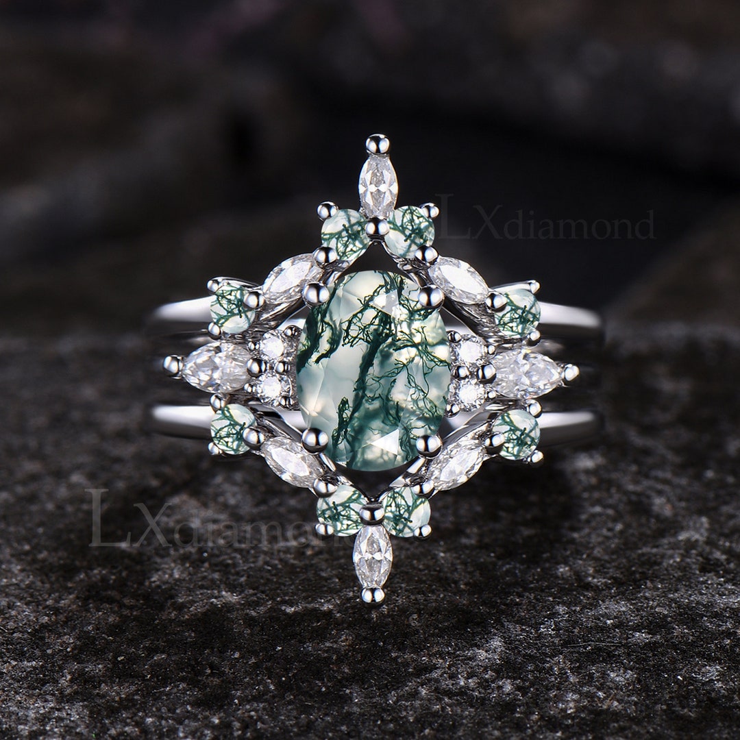 Art Deco Oval Cut Natural Green Moss Agate Engagement Ring Set 925 ...